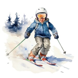 10 Kids Skiing Clipart, Kids in Winter, Printable Watercolor Clipart ...
