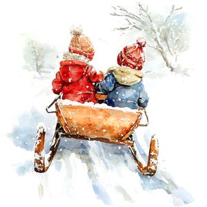 12 Kids in Sleigh Clipart, Christmas Clipart, Printable Watercolor ...