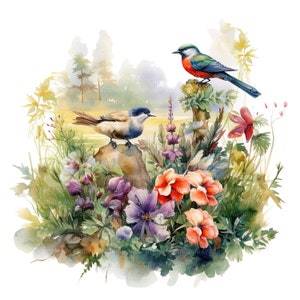 10 Floral Birds in Garden Clipart, Printable Watercolor Clipart, High ...