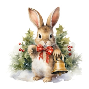 12 Christmas Bunny Clipart, Bunny With Bell, Printable Watercolor ...