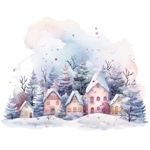 9 Christmas Card Clipart, Winter Houses Card, Printable Watercolor ...