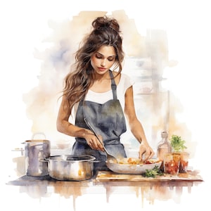 14 Woman Cooking Clipart, Woman in Kitchen, Printable Watercolor ...