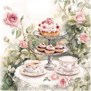 13 Rose Garden Tea Party, Tea Party Clipart, Printable Watercolor ...