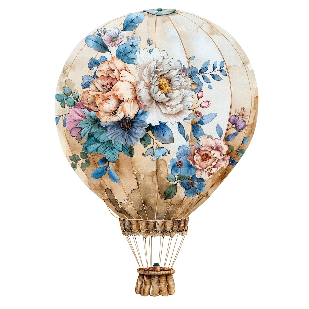 12 Hot Air Balloon Clipart, Floral Vintage Balloon, Printable ...