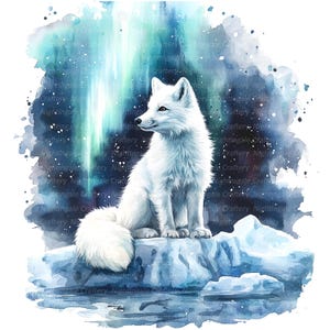 10 Polar Fox Clipart, Northern Lights Print, Printable Watercolor ...