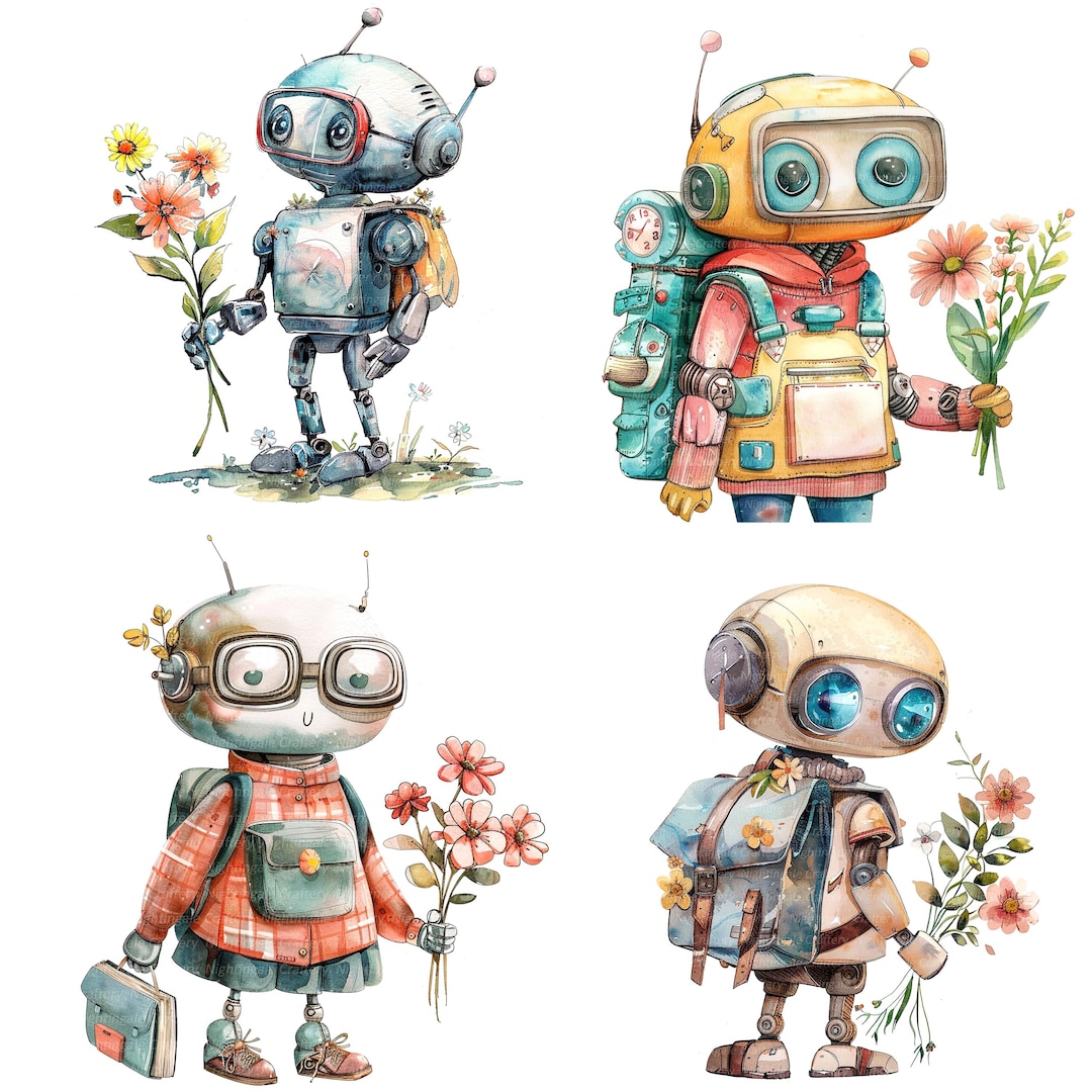 16 Cute Pupil Robots Clipart, Robot Pupil, Printable Watercolor Clipart ...