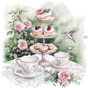 13 Rose Garden Tea Party, Tea Party Clipart, Printable Watercolor ...