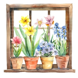 13 Spring Flowers Windows Clipart, Flowerpots, Printable Watercolor ...