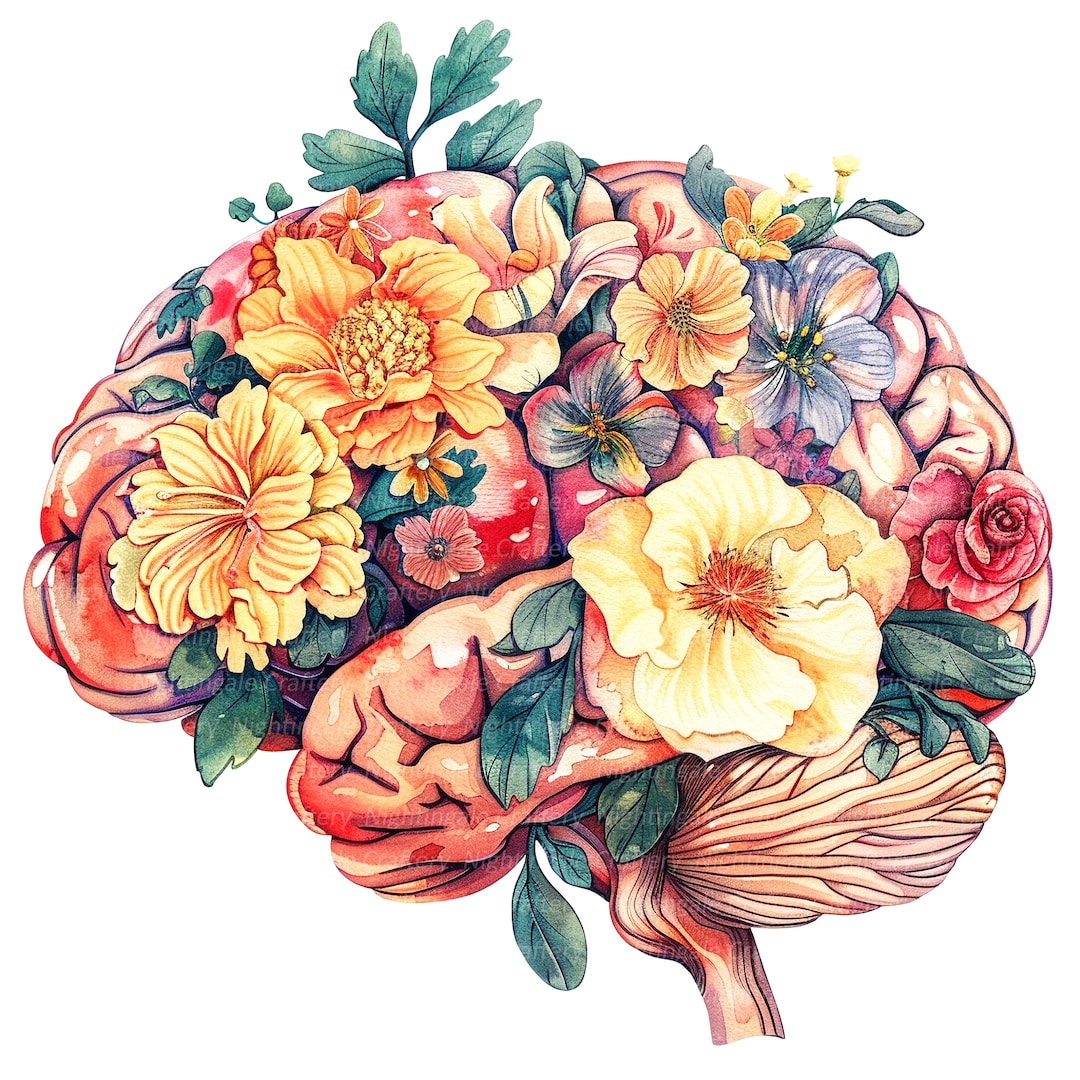 10 Floral Human Brain Clipart, Anatomical Brain, Printable Watercolor ...