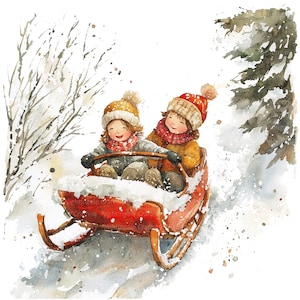 12 Kids in Sleigh Clipart, Christmas Clipart, Printable Watercolor ...