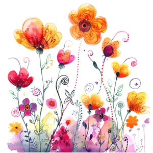 10 Whimsical Flowers Clipart, Wildflowers, Printable Watercolor Clipart ...