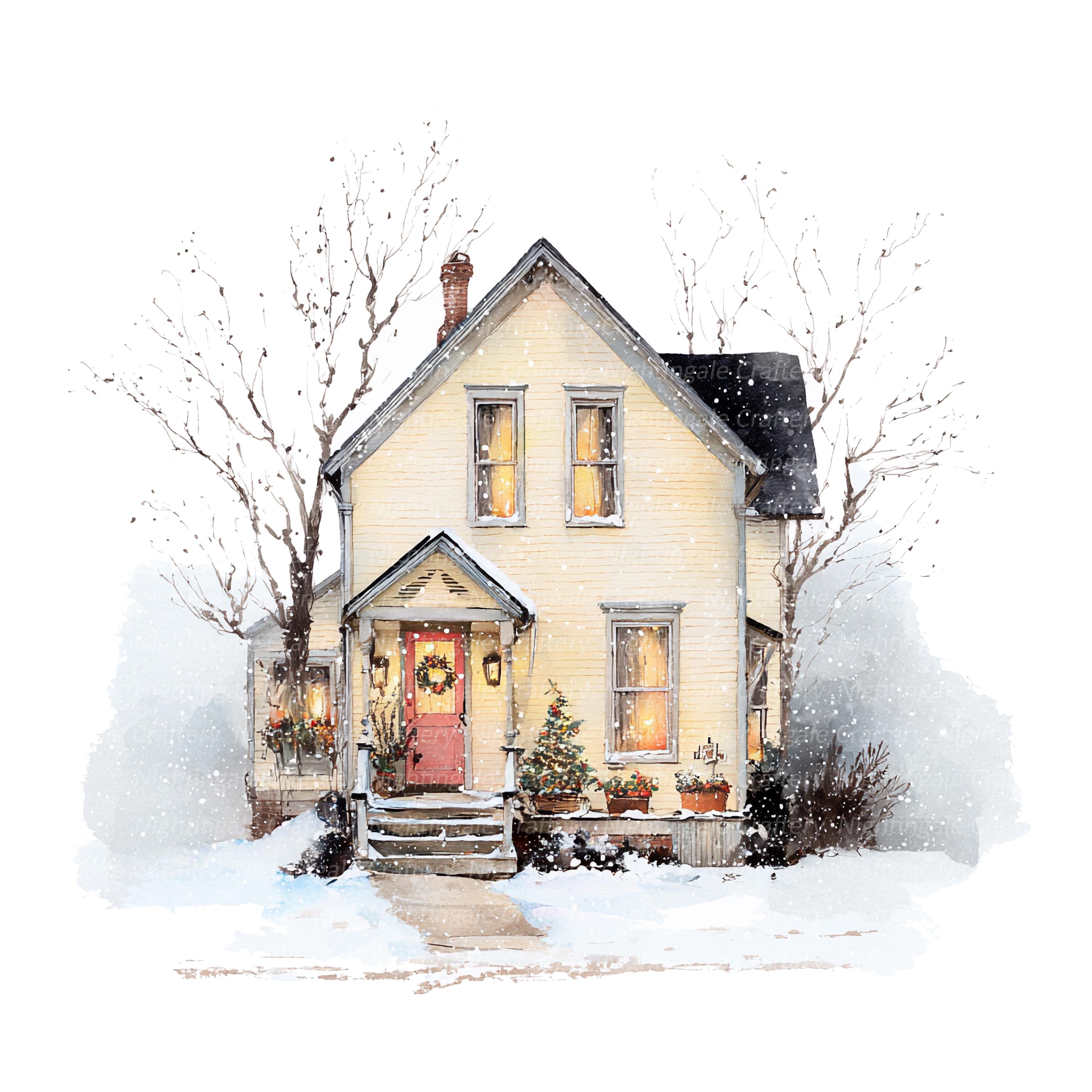10 Charming Winter Farmhouse, Christmas Card, Printable Watercolor ...