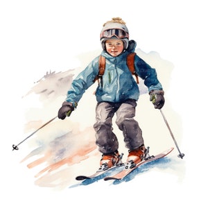 10 Kids Skiing Clipart, Kids in Winter, Printable Watercolor Clipart ...