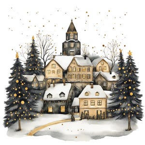 8 Christmas Village Clipart, Christmas Card, Printable Watercolor ...