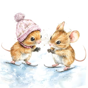 10 Cute Mice Skating Clipart, Ice Skating, Printable Watercolor Clipart ...