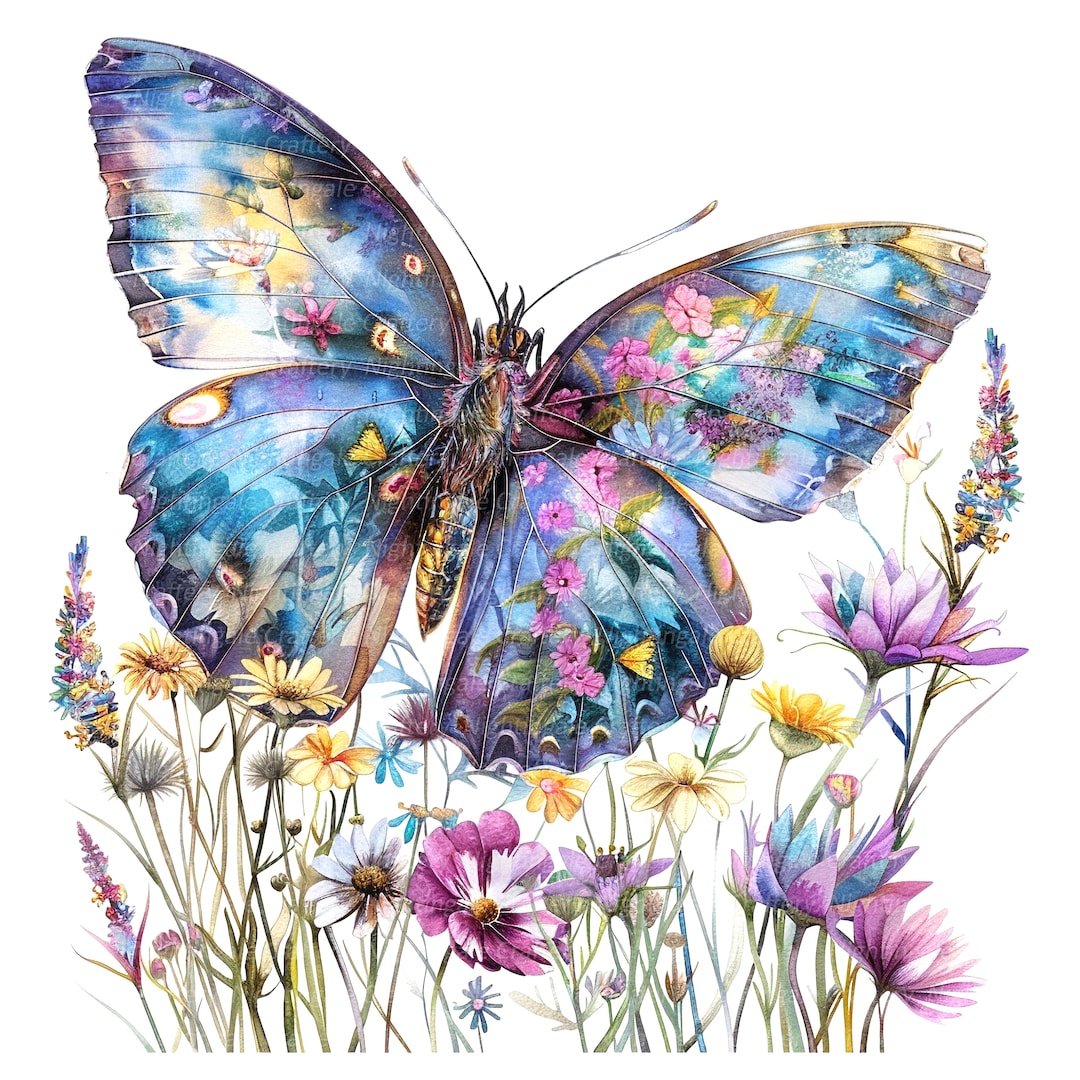 12 Butterfly in Flowers Clipart, Wildflowers, Printable Watercolor ...
