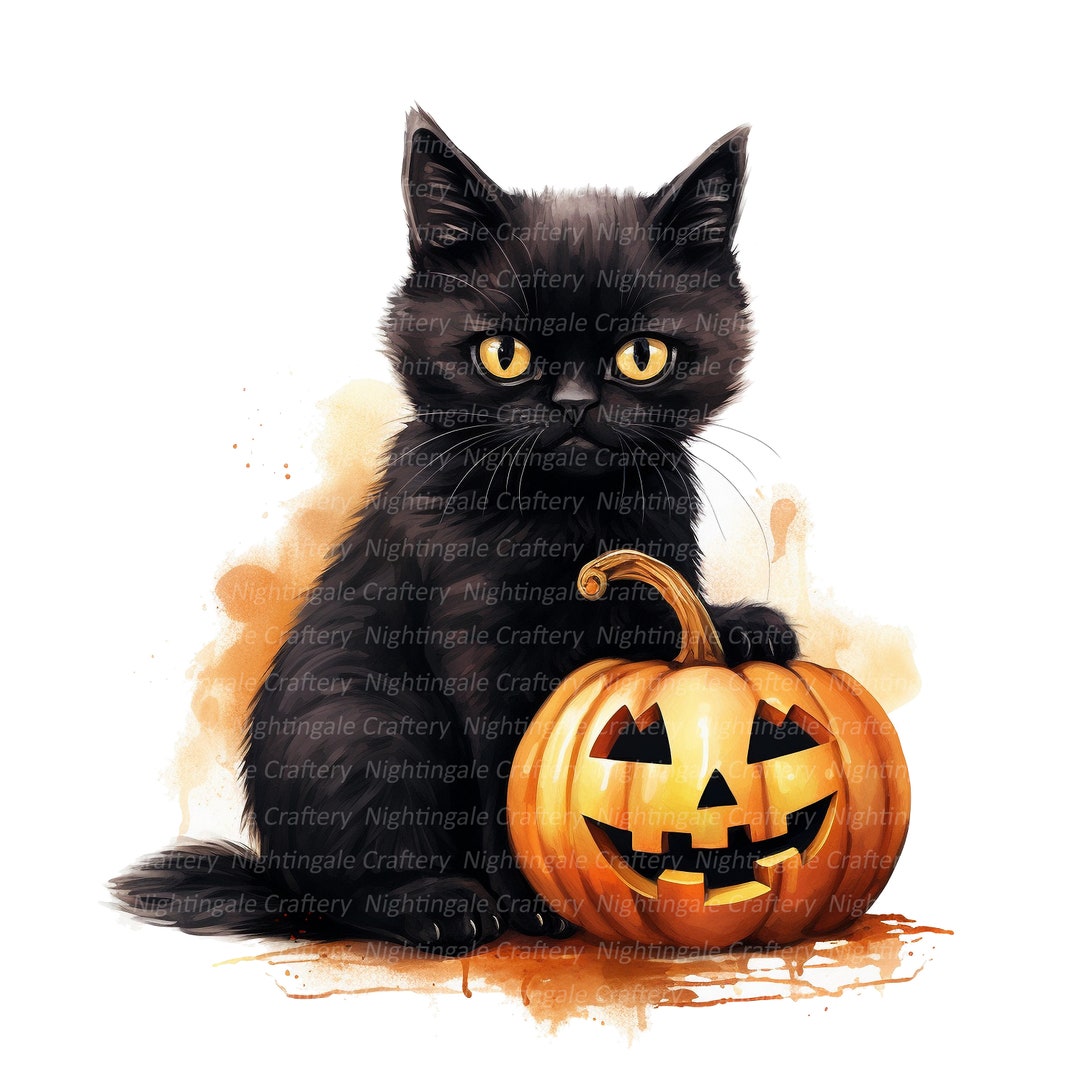14 Cat and Pumpkin Clipart, Halloween Clipart, Printable Watercolor ...