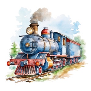 10 Cartoon Locomotives Clipart, Antique Train, Printable Watercolor ...