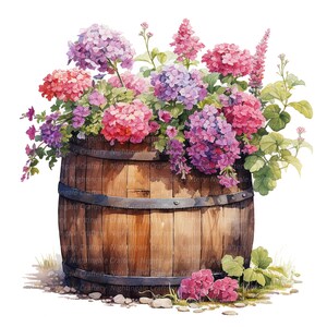 14 Floral Wooden Barrel Clipart, Floral Barrel, Printable Watercolor ...
