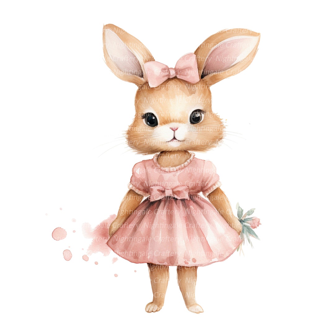 Cute Bunny in Pink Dress Clipart, Printable Watercolor Clipart, 12 High ...