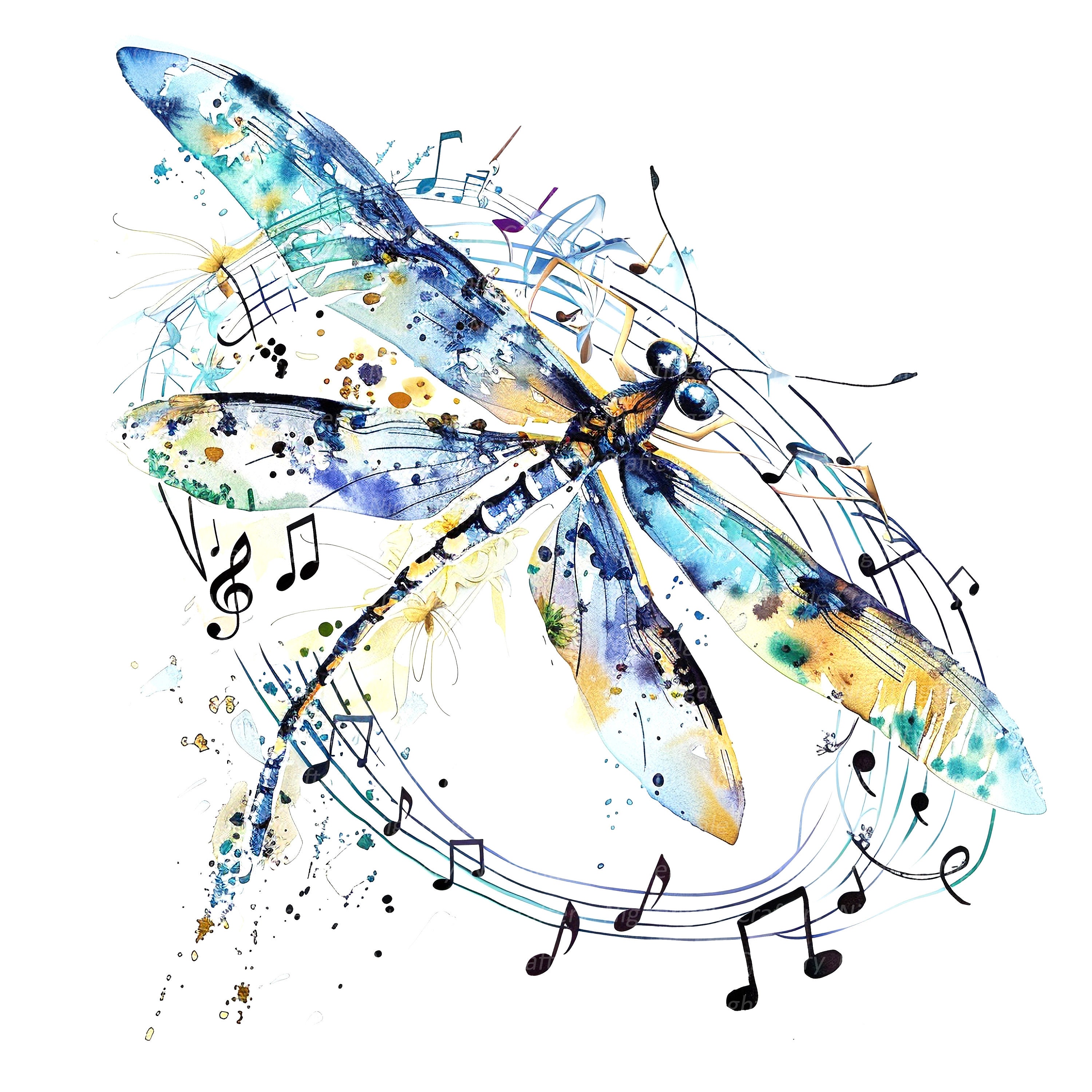 14 Dragonfly Music Notes Clipart, Wall Print, Printable Watercolor ...