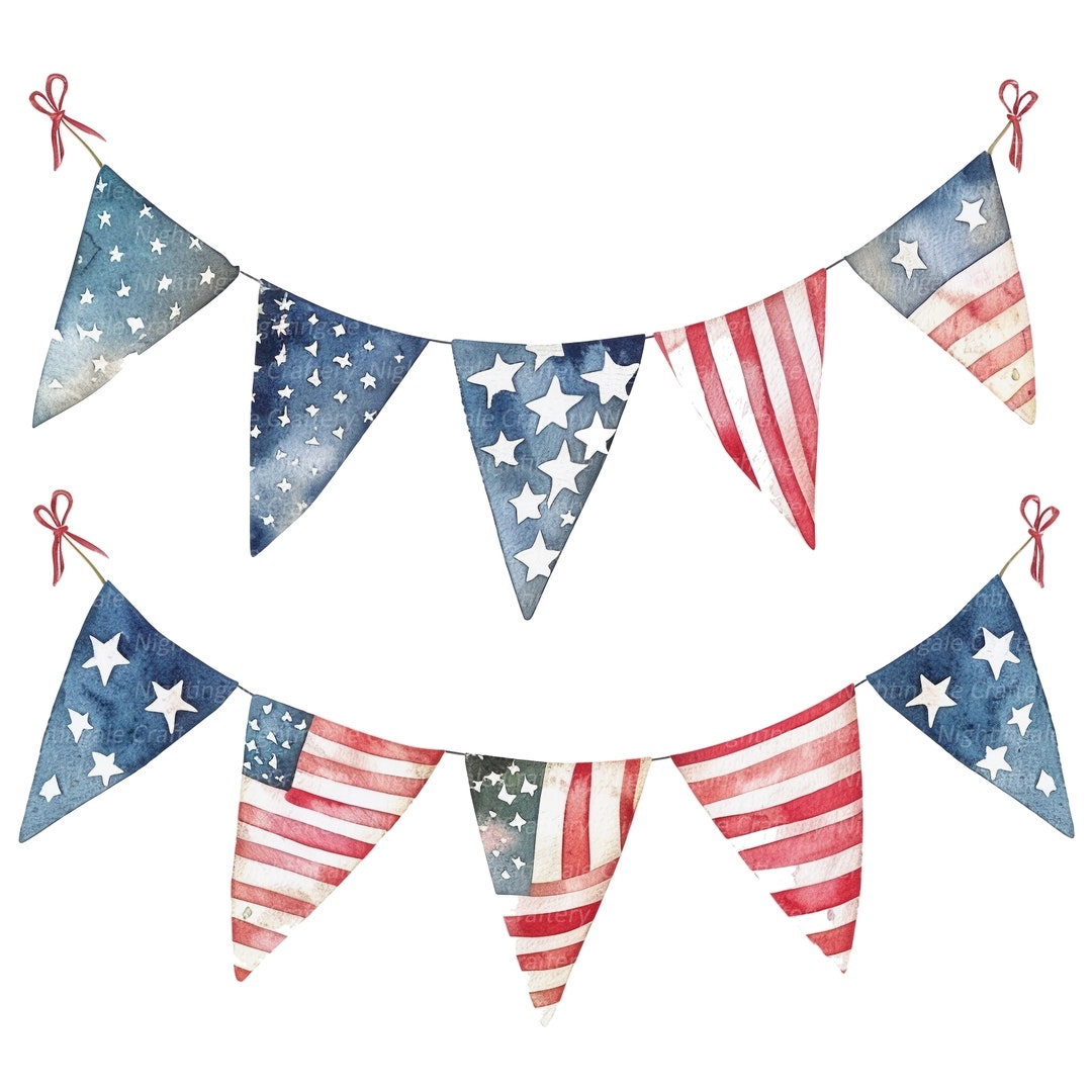 10 USA Flag Clipart, Patriotic Bunting Clipart, Printable Watercolor ...