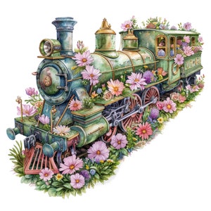 10 Floral Train Clipart, Floral Locomotive, Printable Watercolor ...
