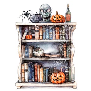 9 Halloween Clipart, Scary Bookshelf, Printable Watercolor Clipart ...