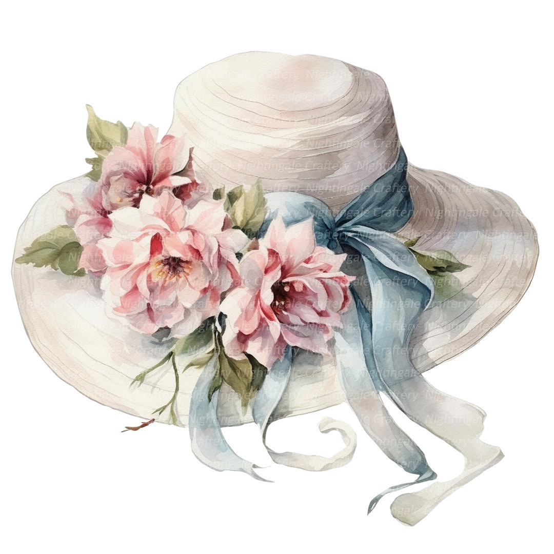12 Floral Hat Clipart, Vintage Hat, Woman Hat, Printable Watercolor ...