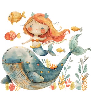 10 Little Mermaid Girl Clipart, Whale Clipart, Printable Watercolor ...