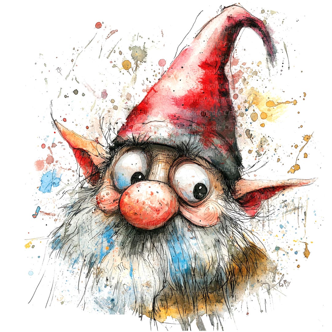 10 Whimsical Gnome Face, Funny Gnome Clipart, Printable Watercolor ...