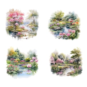16 Floral Garden With Pond Clipart, Printable Watercolor Clipart, High ...
