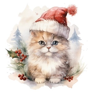 10 Kitten Christmas Hat Clipart, Cat Clipart, Printable Watercolor ...