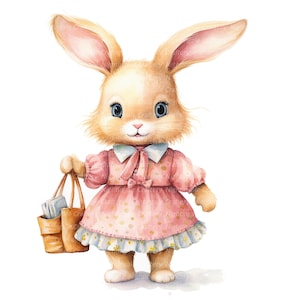 Cute Bunny in Pink Dress Clipart, Printable Watercolor Clipart, 12 High ...