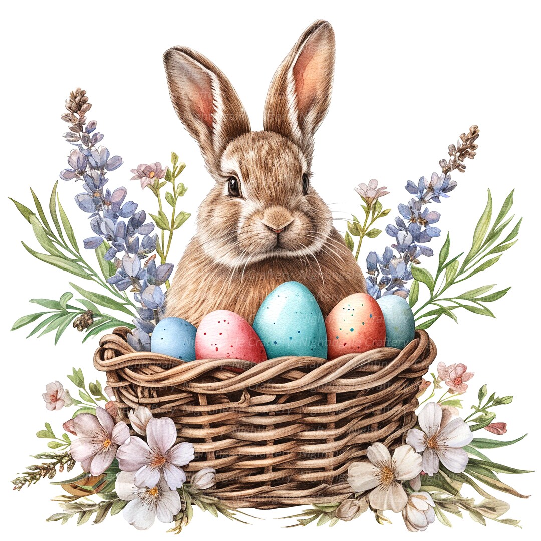 12 Easter Bunny Clipart Set 3, Easter Basket, Printable Watercolor ...
