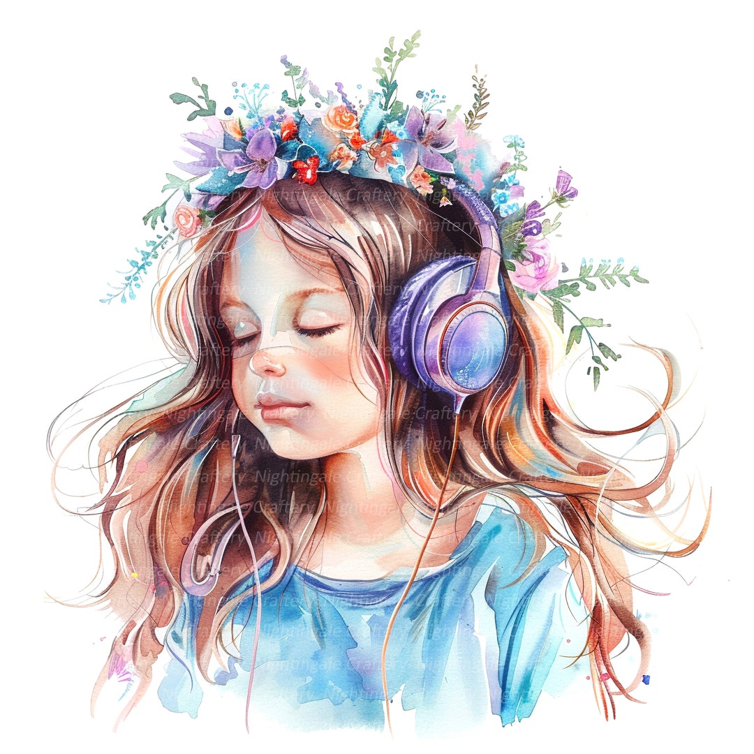 12 Floral Girl Clipart, Earphones, Headphones, Printable Watercolor ...