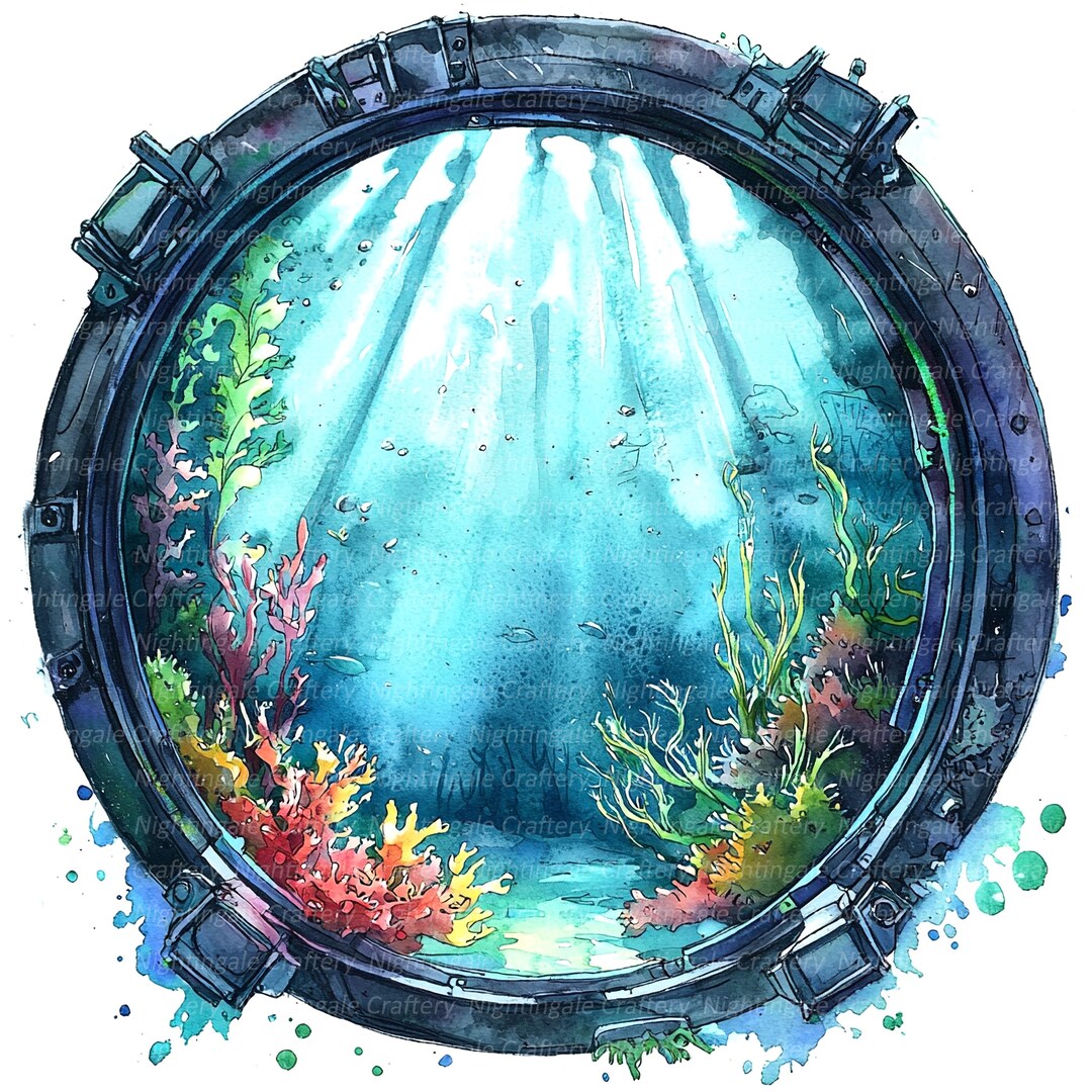 12 Underwater Life Clipart, Submarine Illuminator, Printable Watercolor ...