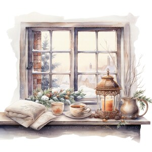 12 Snowy Christmas Window Clipart, Winter Windowsill, Printable ...