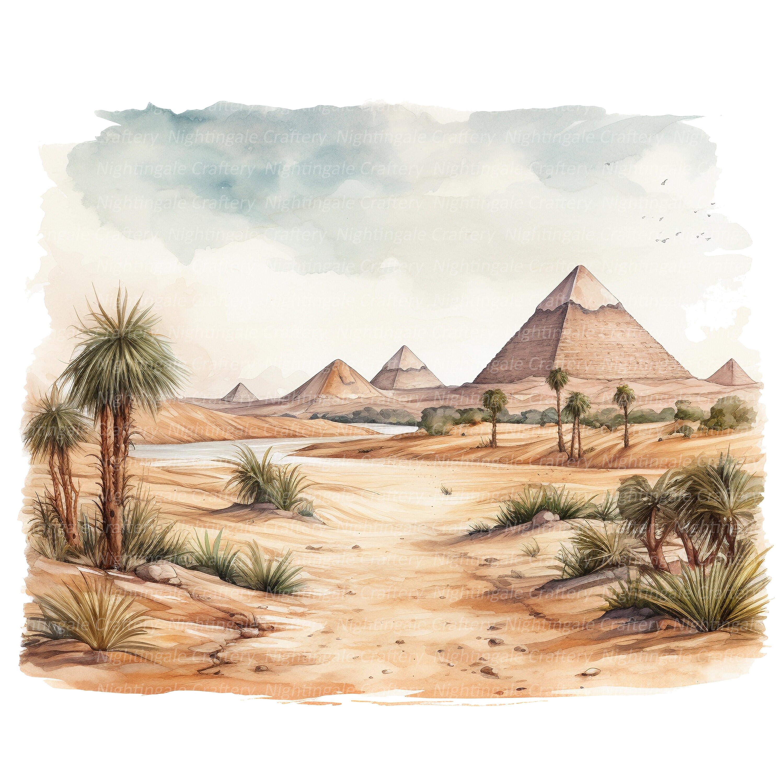 Watercolor Pyramid Landscape Clipart: Desert Scene (digital Download ...