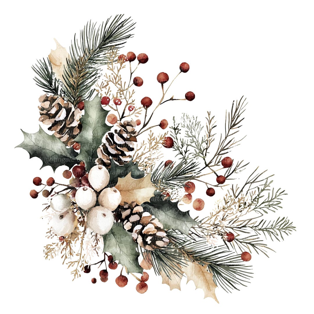 11 Christmas Decor, Boho Christmas Card, Printable Watercolor Clipart ...