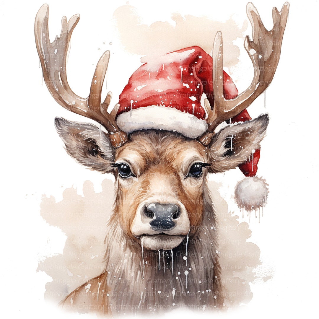 12 Deer With Santa Hat Clipart, Reindeer, Fawn, Printable Watercolor ...