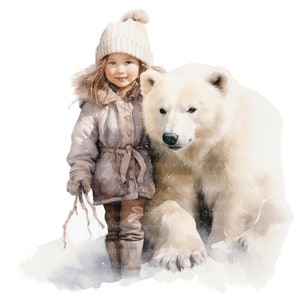 9 Little Girl With Polar Bear Clipart, Printable Watercolor Clipart ...
