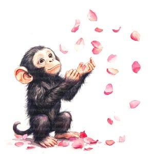 7 Romantic Chimp Clipart, Cute Chimpanzee, Printable Watercolor Clipart ...