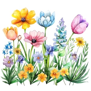 12 Spring Flowers Flowerbed Clipart Set 2, Printable Watercolor Clipart ...