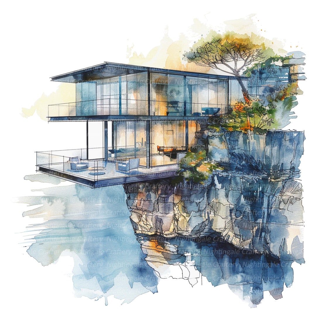 10 Futuristic House Clipart, Glass House Cliff, Printable Watercolor ...