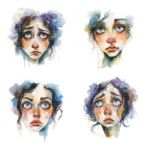 16 Woman Face Clipart, Woman Emotions Clipart, Printable Watercolor ...