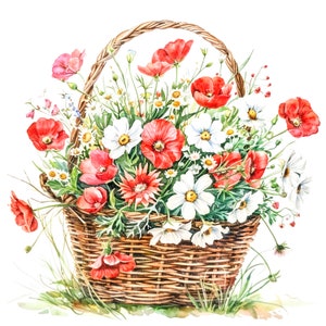 8 Floral Basket Clipart, Red Flowers, Printable Watercolor Clipart ...