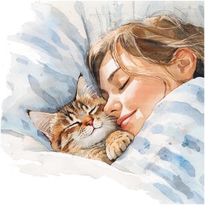 11 Sleeping Cat Clipart, Cat in Bed Clipart, Printable Watercolor ...