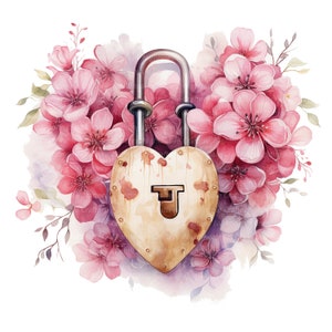 14 Vintage Floral Padlock Clipart, Heart Shaped, Printable Watercolor ...