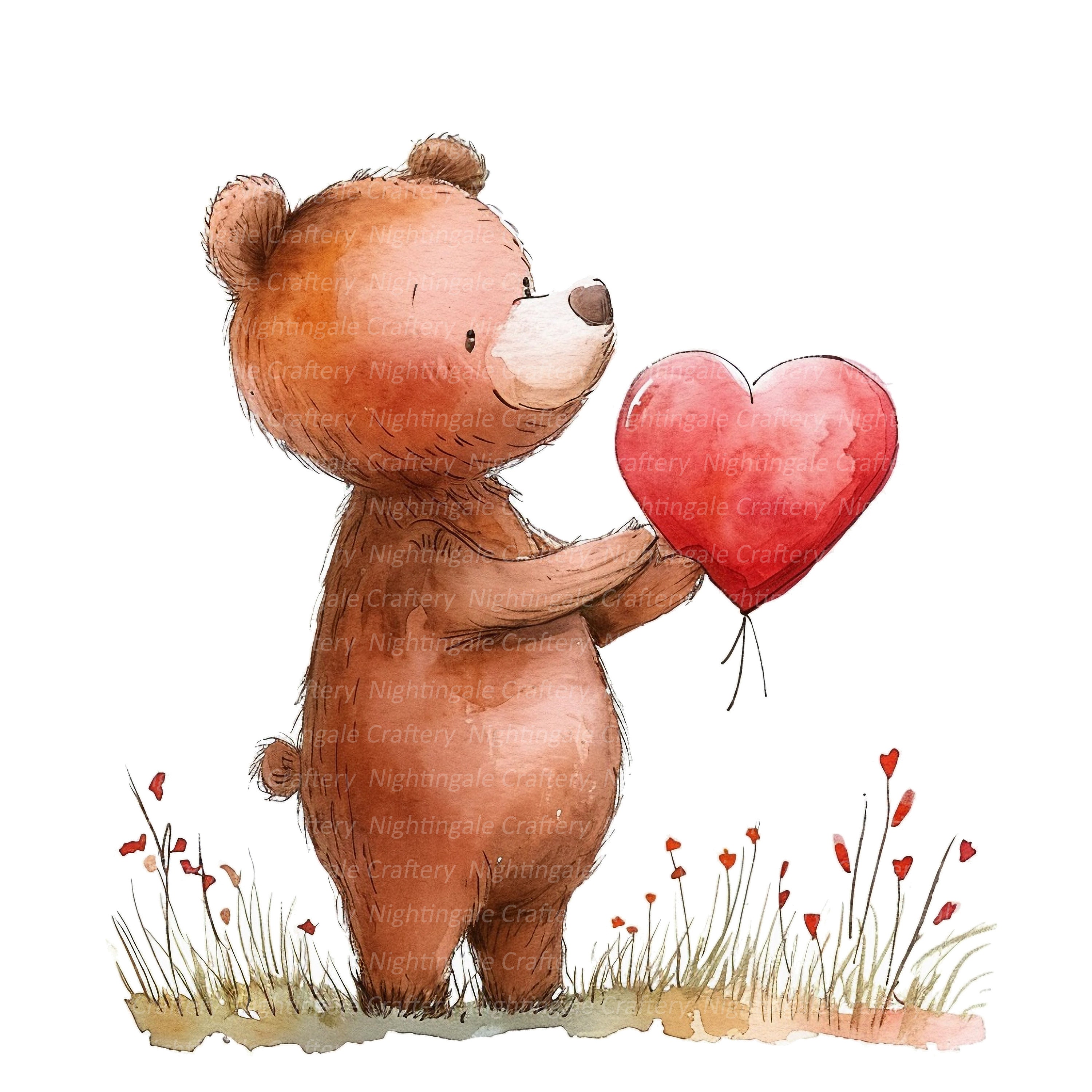 10 Bear With Heart Cartoon Clipart, Cartoon Bear, Printable Watercolor ...
